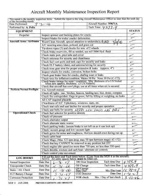 Aircraft Monthly Maintenance Inspection Report - Longwebs.org