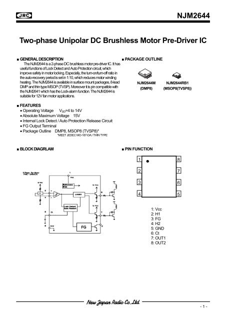 NJM2644 Two-phase Unipolar DC Brushless Motor Pre-Driver IC