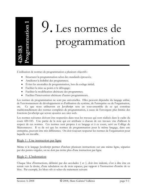 9. Normes de programmation en JavaScript - Collège de Maisonneuve
