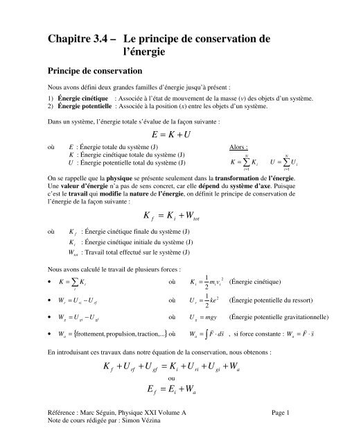 Chapitre 3.4 – Le principe de conservation de l'énergie