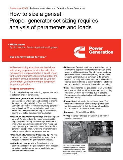 How to size a genset: Proper generator set sizing ... - Cummins Inc.