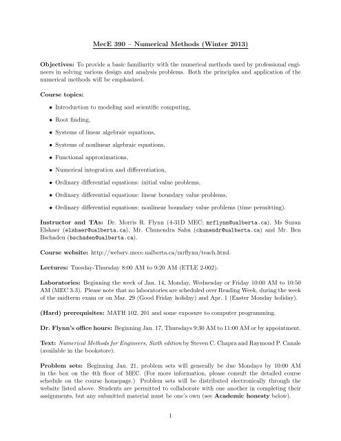 MecE 390 â Numerical Methods (Winter 2013) - University of Alberta