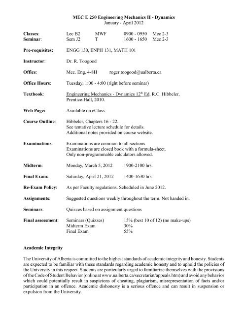 MEC E 250 Engineering Mechanics II - Mechanical Engineering