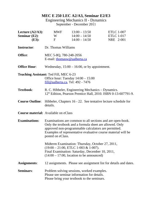 MEC E 250 LEC A1 - Mechanical Engineering - University of Alberta