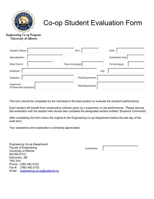Co-op Student Evaluation Form - Engineering Co-op Program