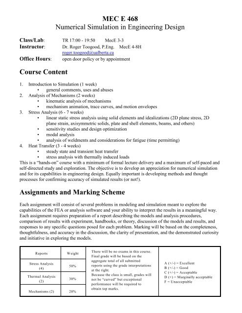 MEC E 468 Numerical Simulation in Engineering Design Course ...