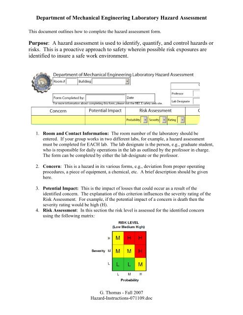 Department of Mechanical Engineering Laboratory Hazard ...