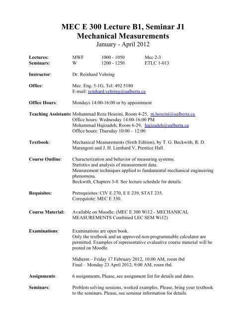 MEC E 300 Lecture B1, Seminar J1 Mechanical Measurements