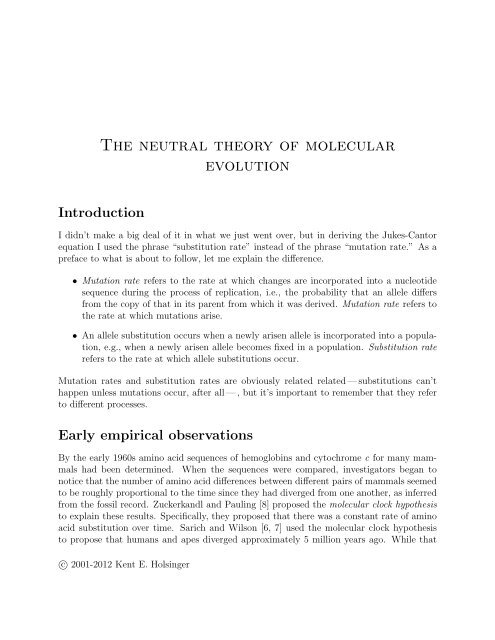 The neutral theory of molecular evolution - Kent Holsinger