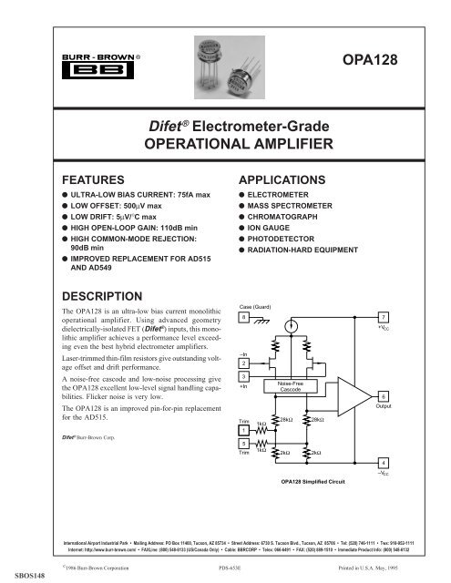 Electrometer-Grade Operational Amplifier - Datasheetz