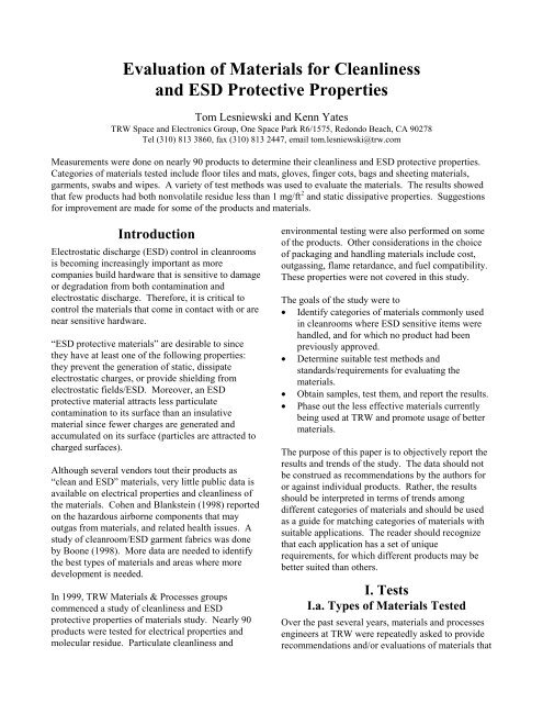 Evaluation of Materials for Cleanliness and ESD ... - ESD Journal