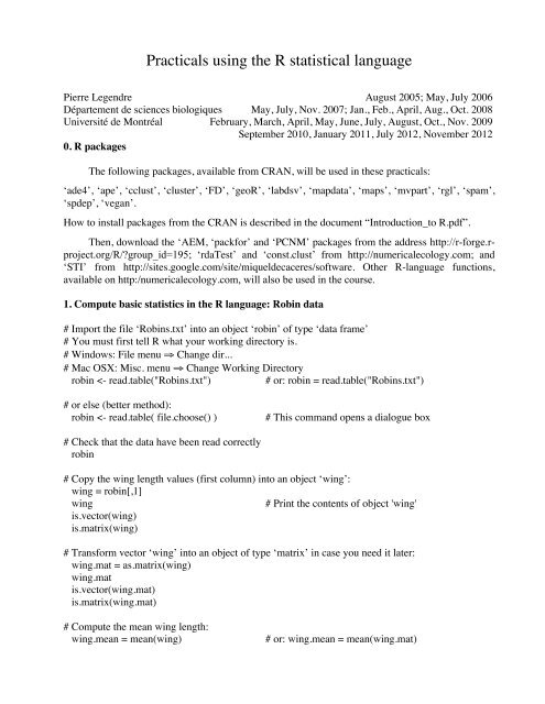 Practicals using the R statistical language - Laboratoire de Pierre ...
