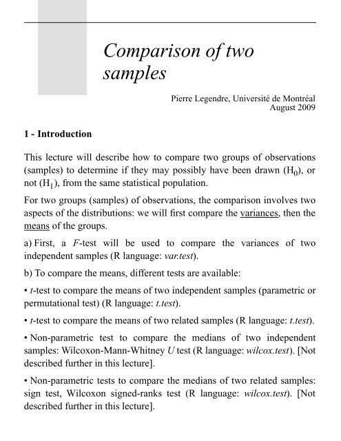 Comparison of two samples - Laboratoire de Pierre Legendre