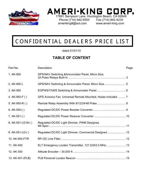 CONFIDENTIAL DEALER PRICE LIST - Ameri-King Corporation