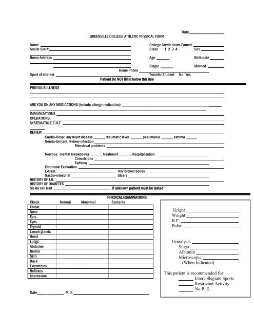Generic Sports Physical Form Printable