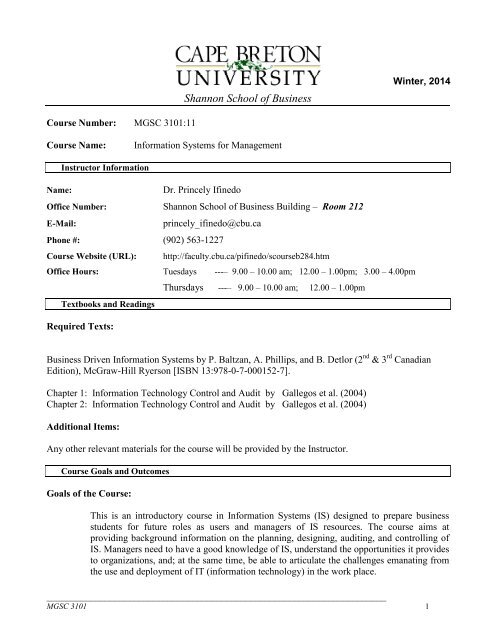 Course Outline ( MGSC 3101 ) - Faculty Web Pages