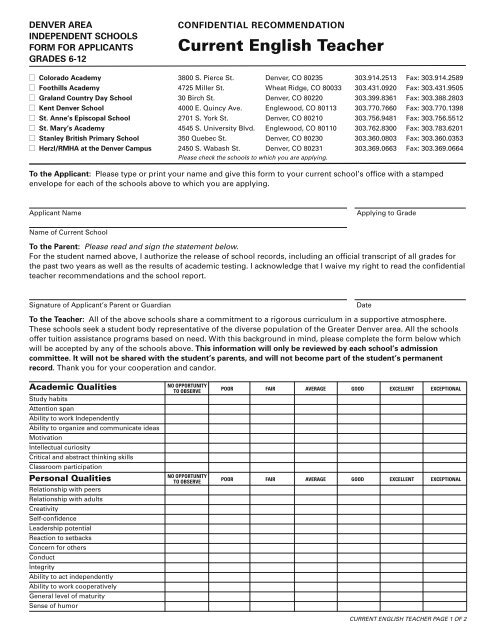English Teacher Recommendation Form - Stanley British Primary ...