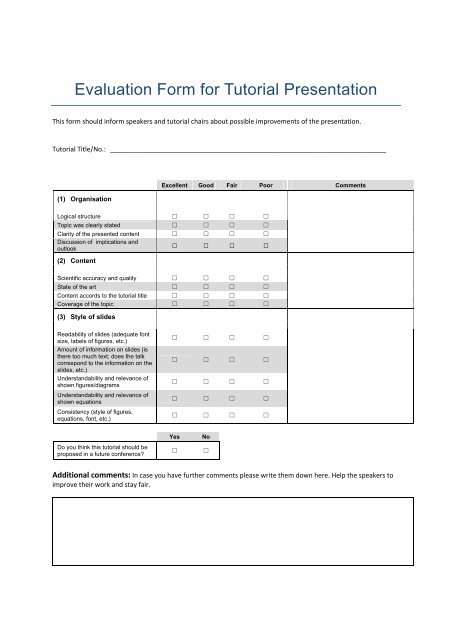 Evaluation Form for Tutorial Presentation
