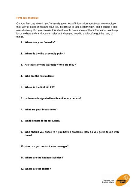 First day checklist On your first day at work, you're ... - Working Links
