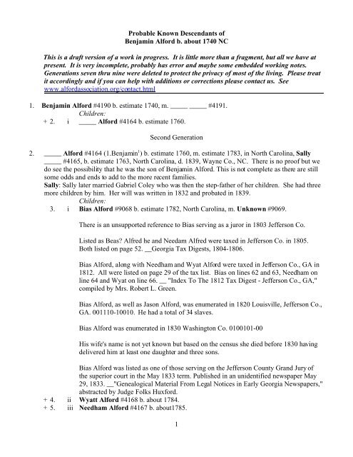 Benjamin Alford ca 1740 NC - Alford American Family Association