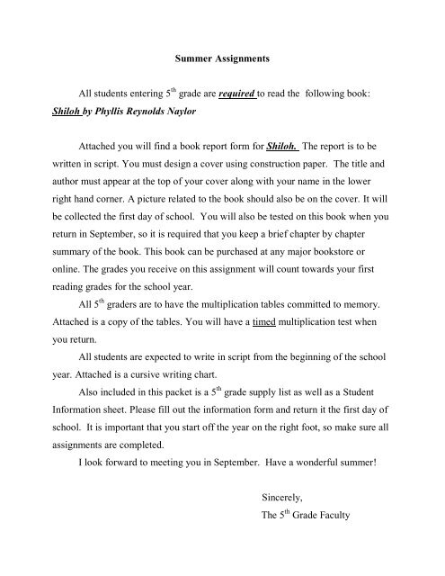 Summer Assignment & Book Report Form - Holy Rosary School