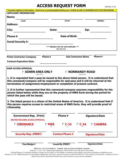 Navy Base Security Clearance Form and Instructions ... - Ohmsett