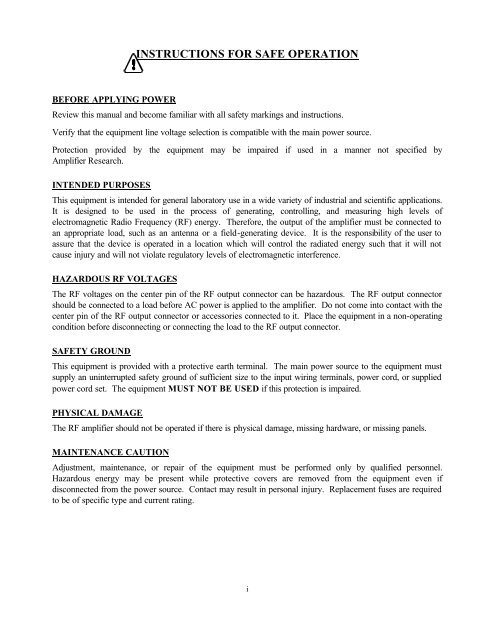 instructions for safe operation - AR - RF Microwave Instrumentation