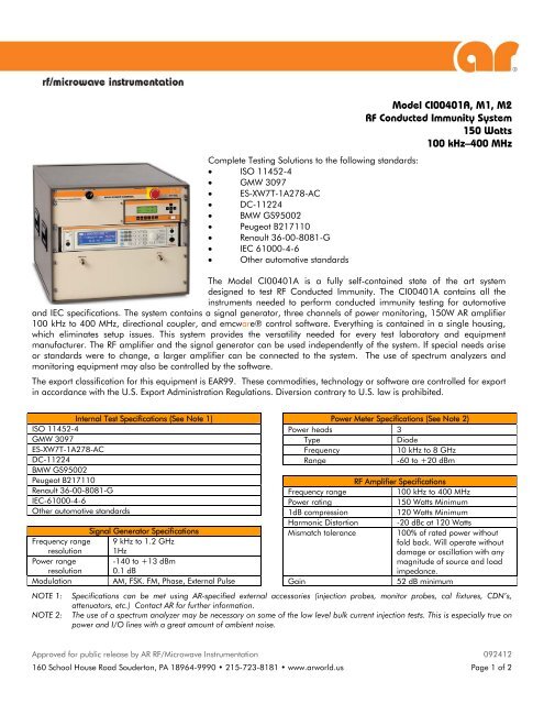 Spec Sheet - AR - RF Microwave Instrumentation