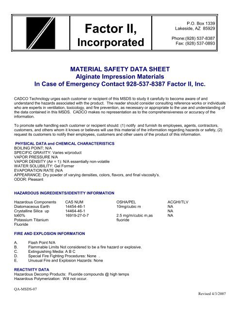 MATERIAL SAFETY DATA SHEET Alginate ... - Factor II, Inc.
