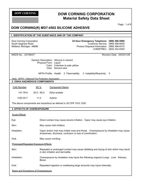 DOW CORNING CORPORATION Material Safety Data Sheet