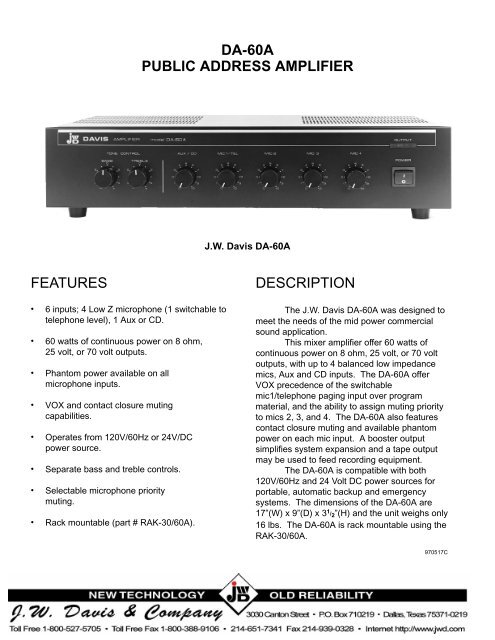 DA-60A - JW Davis & Company