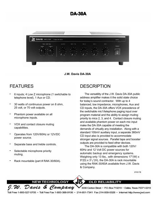 FEATURES DA-30A DESCRIPTION - JW Davis & Company