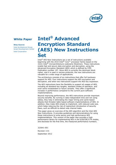 Intel Advanced Encryption Standard (AES) New Instructions Set