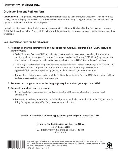 Graduate Student Petition form - University of Minnesota