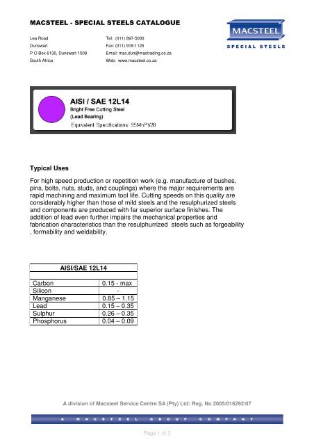 AISI/SAE 12L 14 - Macsteel