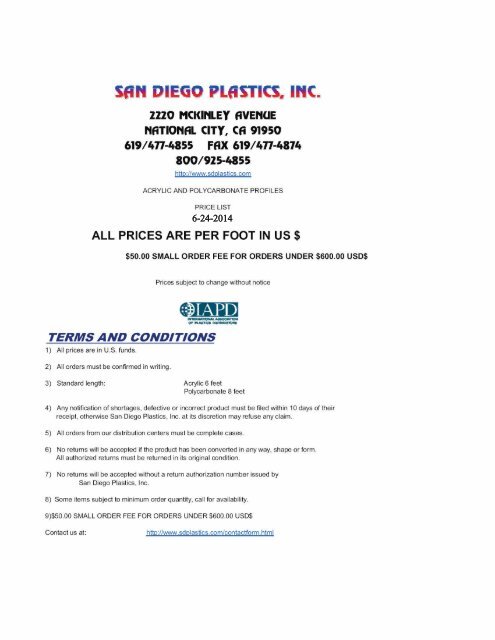 acrylic and polycarbonate profiles price list - San Diego Plastics, Inc.