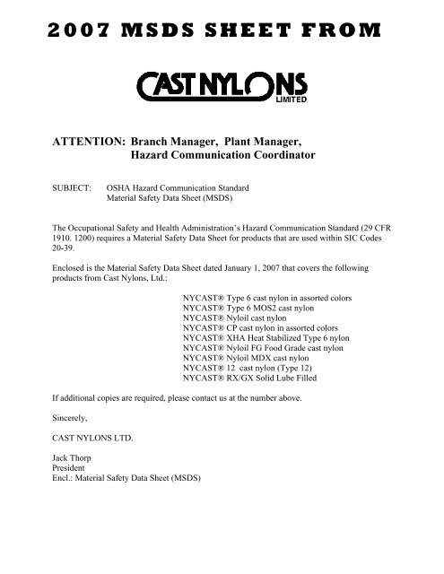 2007 MSDS SHEET FROM - Cast Nylons Limited