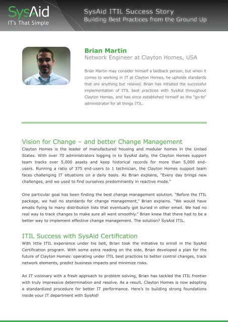 SysAid ITIL Success Story SysAid ITIL Success Story