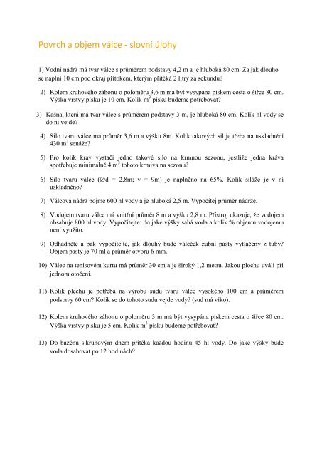 Povrch a objem válce - slovní úlohy