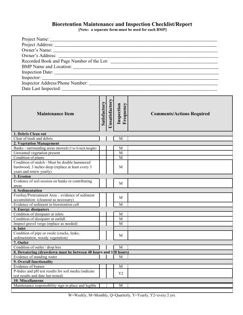 BMP Maintenance and Inspection Check List - City of Hickory