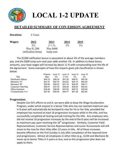 Detailed summary of con edison agreement - UWUA Local 1-2