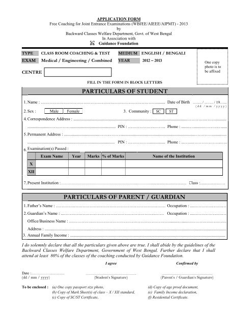 Download Application Form for Free Coaching for Joint Entrance ...