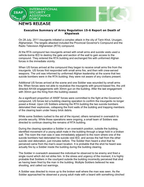 Executive Summary of Army Regulation 15-6 Report on ... - Isaf - Nato