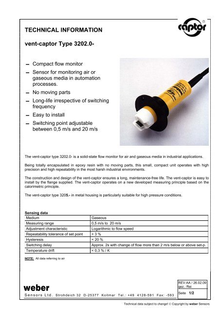 Weber Vent Captor Switch 3202-0 Data Sheet - Automated Control