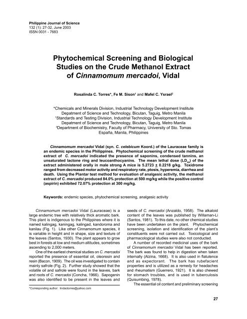 Phytochemical Screening and Biological Studies on the Crude ...