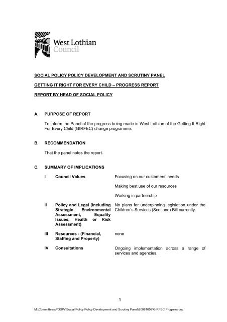 (GIRFEC) - Progress Report - Report by Head of Social Policy