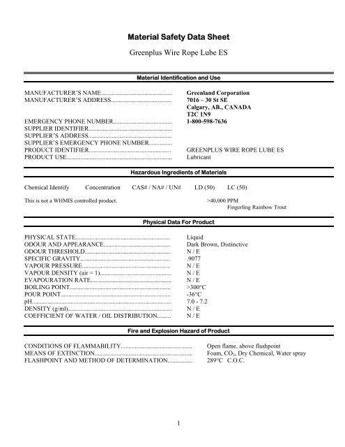 Material Safety Data Sheet Greenplus Wire Rope Lube ES