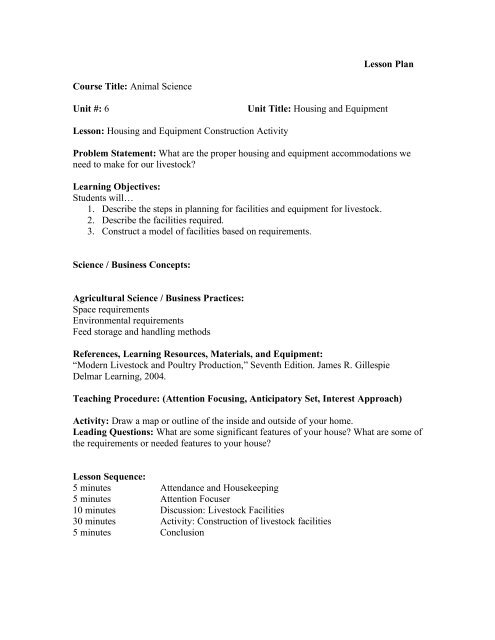 Lesson Plan Course Title: Animal Science Unit ... - Isd743.K12.mn.us