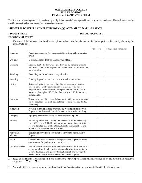 Physical Examination Form - Wallace State Community College