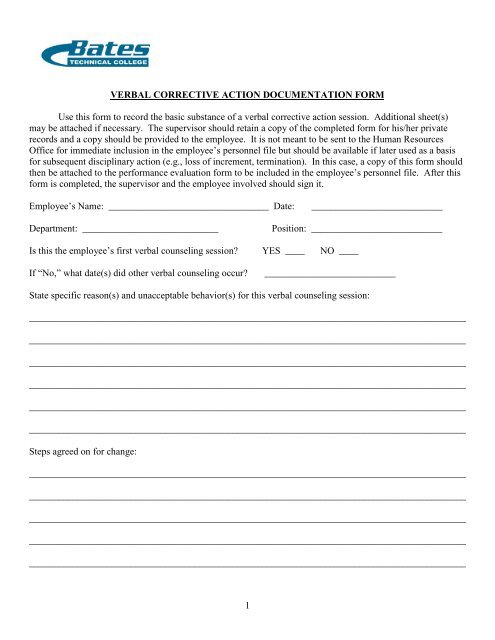 Verbal Corrective Action Documentation Form